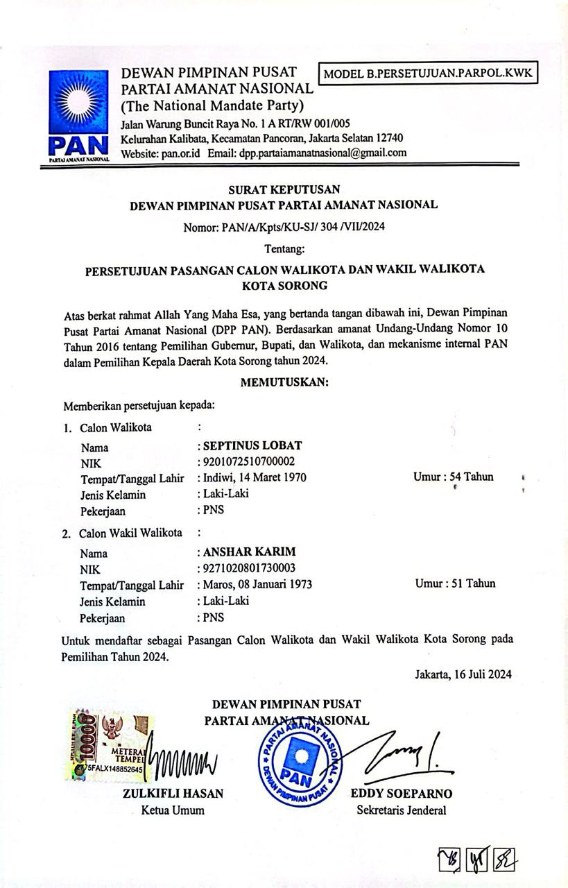 Resmi DPP PAN Rekomendasi Septinus Lobat-Anshar Karim Maju Pilkada Kota ...